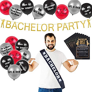 BroSash Funny Bachelor Party Decorations (Gold Bachelor Banner, Bachelor Sash, 16 Funny Party Balloons, and 8 Bachelor Party Rules Cards) 26 Piece Set, Bachelorette Party Supplies Gifts