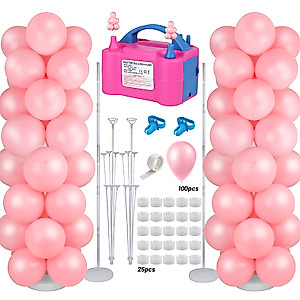 Gifts2U Balloon Column Stand and Balloon Pump, Electric Balloon Pump with 2 Sets 7Ft Ajustable Balloon Column Kits and 100 Pcs Balloons for Graduation Birthday Party Home Decoration (100-110V 600W)