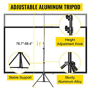 VEVOR Tripod Projector Screen with Stand 70 inch 16:9 4K HD Projection Screen Stand Wrinkle-Free Height Adjustable Portable Screen for Projector Indoor & Outdoor for Movie, Home Cinema, Gaming, Office