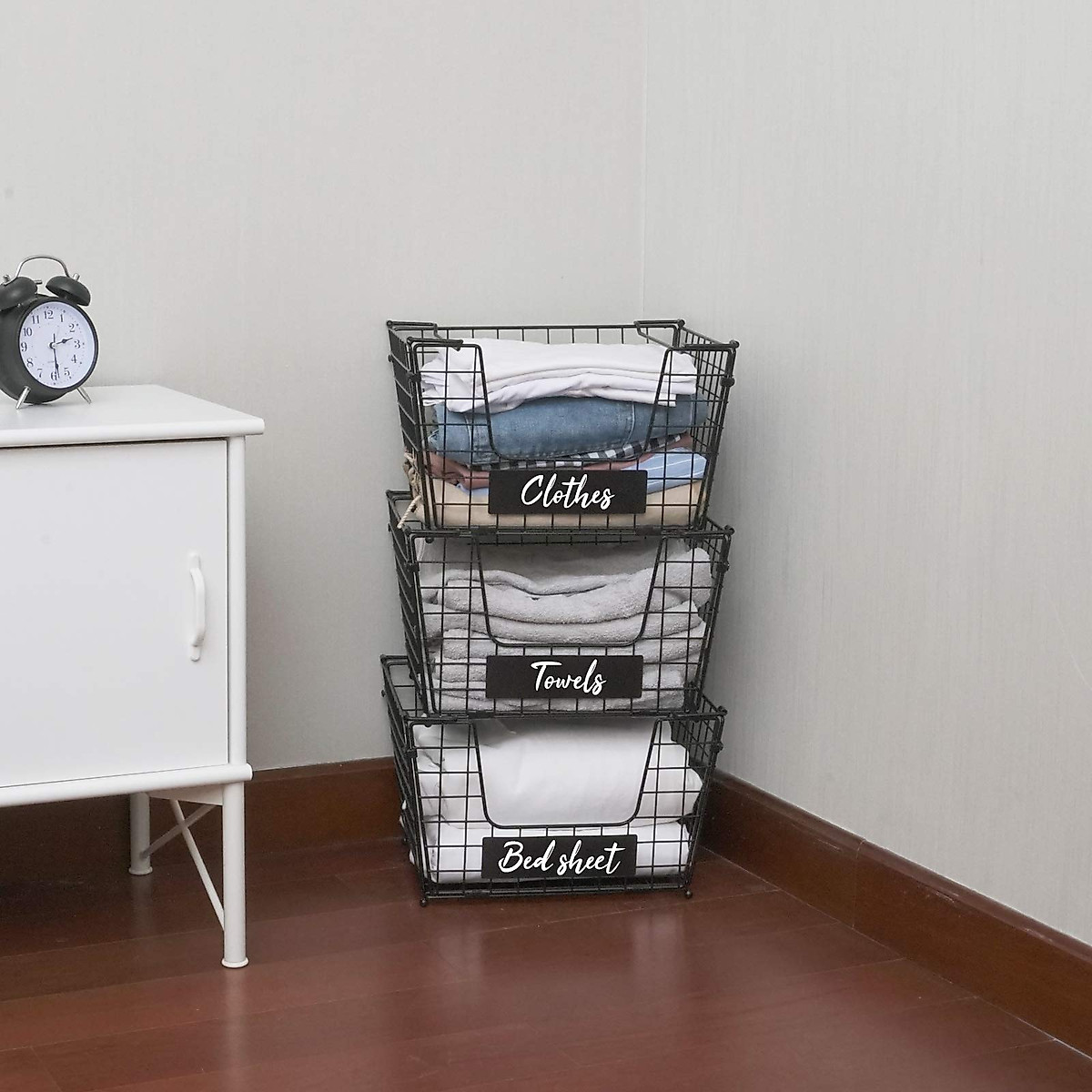 3 Tier Foldable Wire Basket XXXL Size, Stackable Fruit Vegetable Storage Basket with Name Plate Standing Metal Mesh Bin Organizer for Kitchen Counter Pantry Cabinet 14.1''L x 12.5''W x 23.6''H