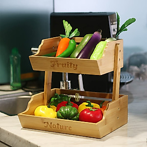 Lunavita 2 Tier Bamboo Fruit Basket, Fruit Stand, Large Fruit Vegetable Storage for Kitchen Countertop,Fruit Holder for Vegetables, Bread,Drinks, Snack Storage and Display