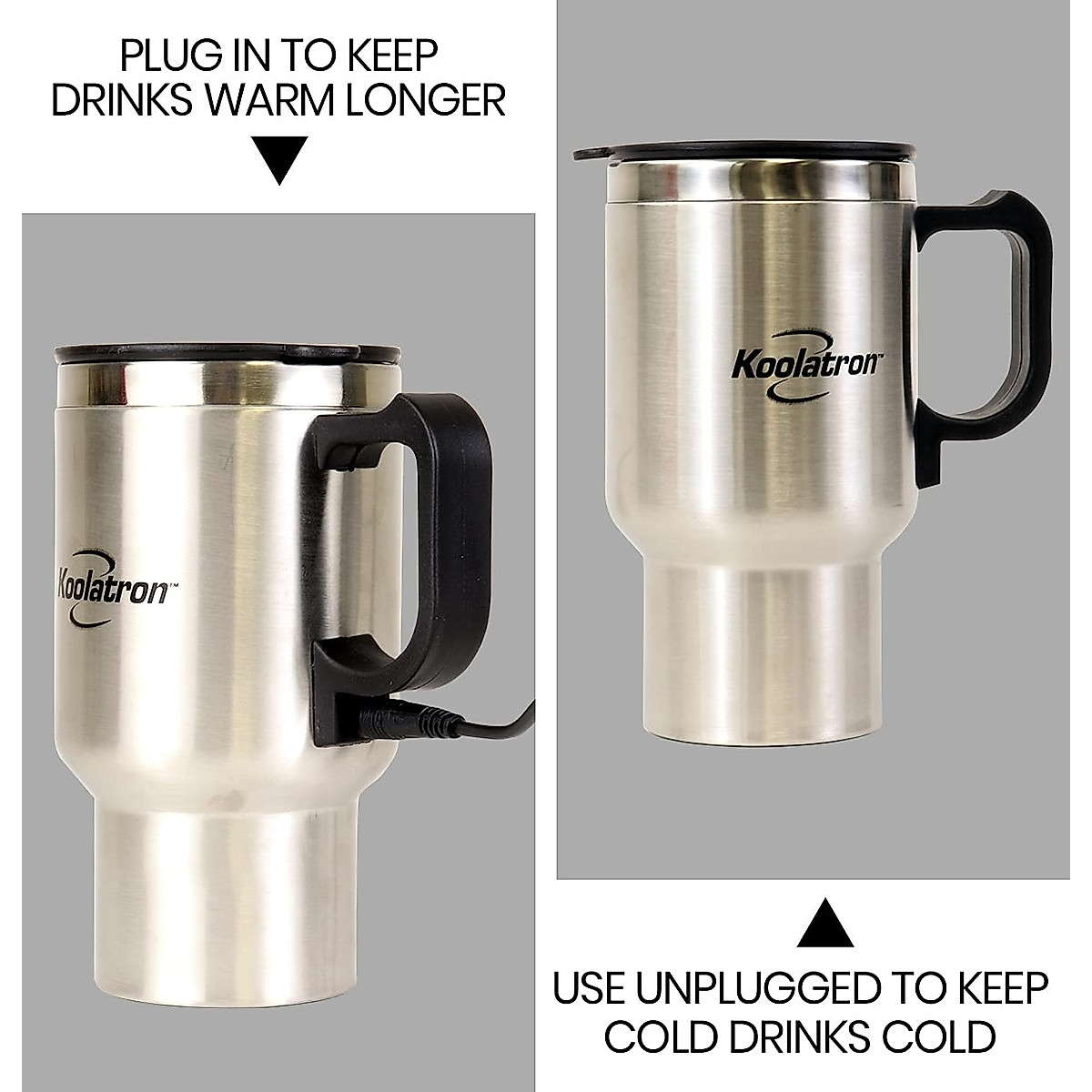 Koolatron 12V USB Insulated Travel Mug with Heater, 500 mL (17 oz), Silver and Black Stainless Steel for Car, SUV, Truck, Office, Home, Dorm