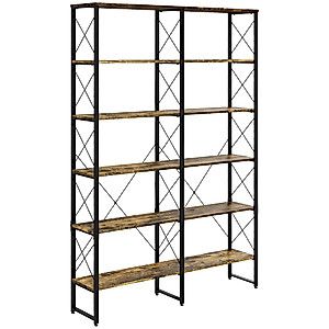 HOMCOM Bookshelf, Tall Industrial Bookcase with 6 Shelves, 5-Tier Storage Rack with Steel Frame, 53.25" Wide Display Rack, X-bar for Living Room, Home Office, Rustic Brown