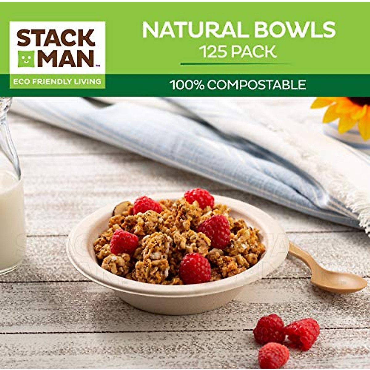 100% Compostable 16 oz. Paper Bowls [125-Pack] Heavy-Duty Disposable, Bulk Pack, Eco-Friendly Natural Unbleached Bagasse, Hot or Cold Use, Biodegradable Made of Sugar Cane Fibers