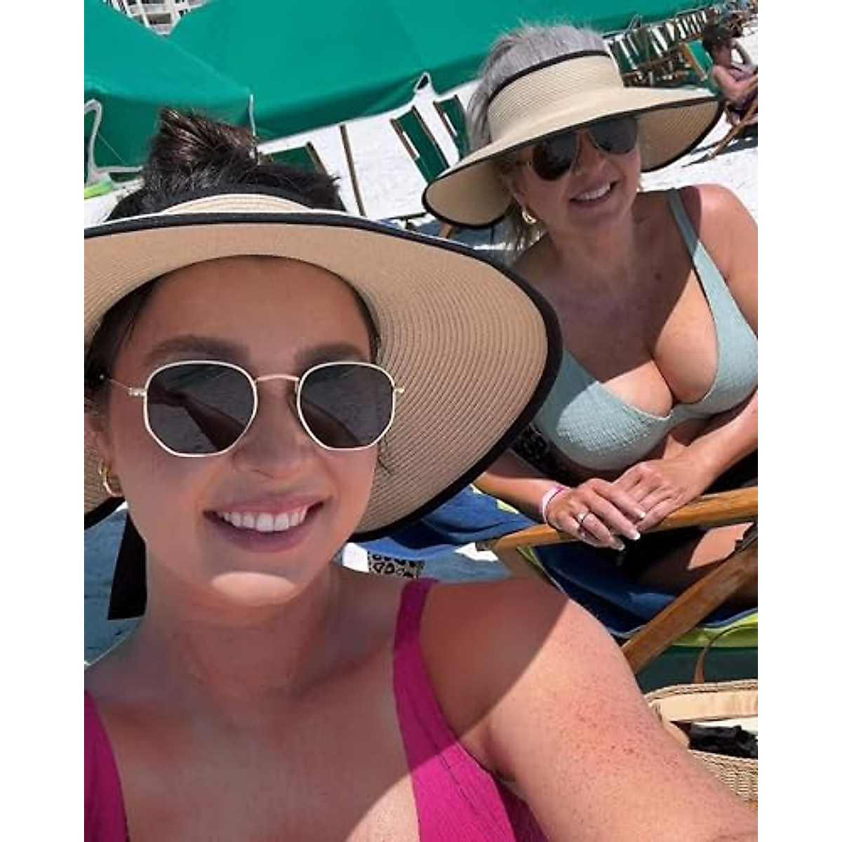 Camptrace Sun Visors for Women Wide Brim Beach Hat UPF 50+ Foldable Straw Visor Hat Ponytail Summer Packable Beige