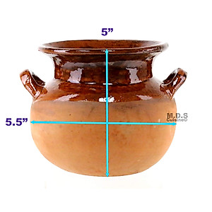 Olla Frijolera De Barro 1.5 Qt. Mini Traditional Handmade Mexican Authentic Artisan Barro Clay 100% Stockpot with Brown Glaze Interior Finish