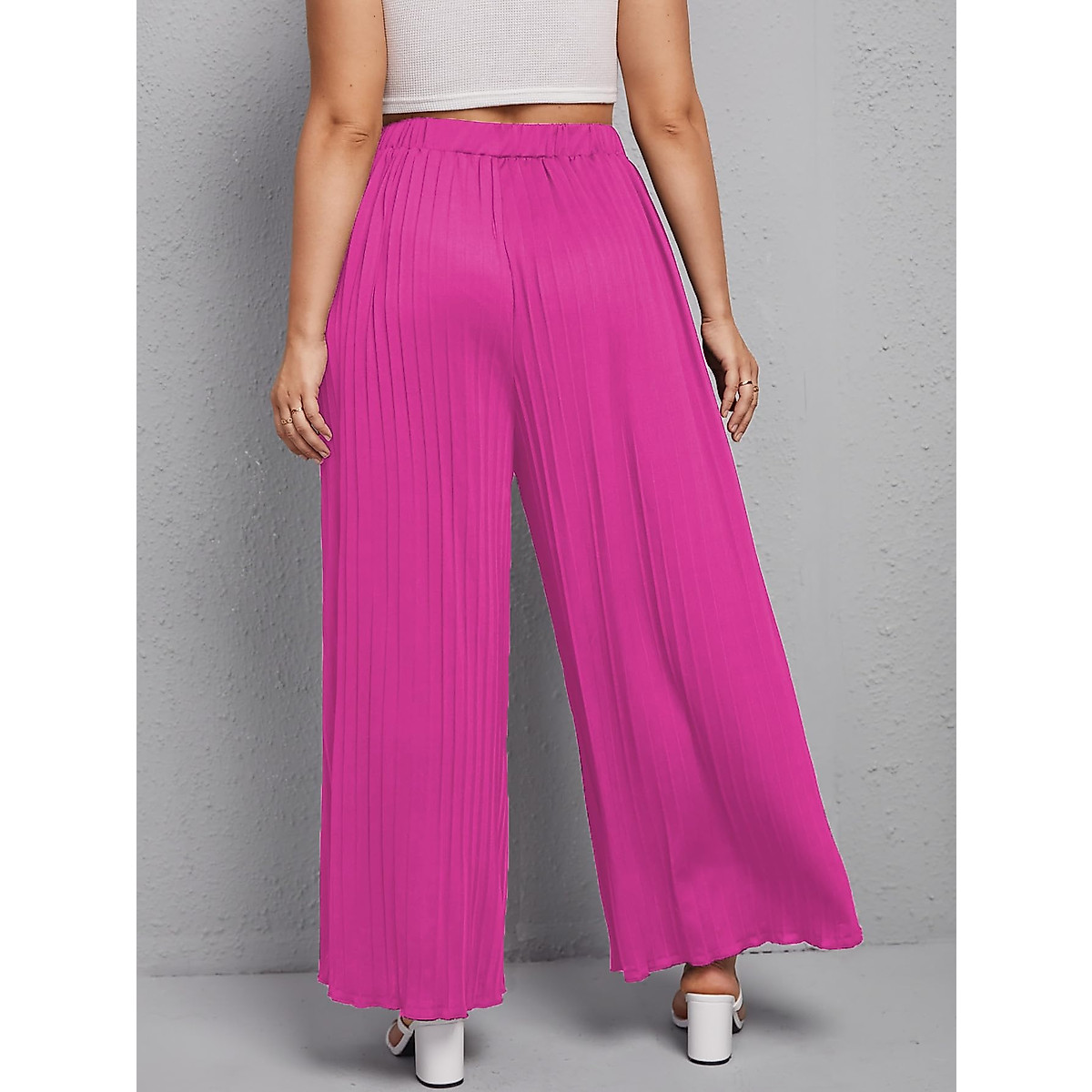 WDIRARA Women's Plus Size Pleated Elastic Waist Wide Leg Casual Long Pants Hot Pink 1XL