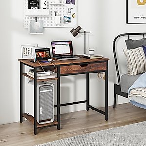 Tangkula Computer Desk with Charging Station, 40” Industrial Home Office Desk with Drawer & Adjustable Shelf, Compact Computer Workstation with CPU Stand & Headphone Hooks, Study Writing Desk
