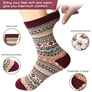 FYC Winter Womens Socks Wool Warm Thick Knit Cozy Crew Casual Vintage Soft Socks for Women Christmas Gifts Socks 5 Pairs