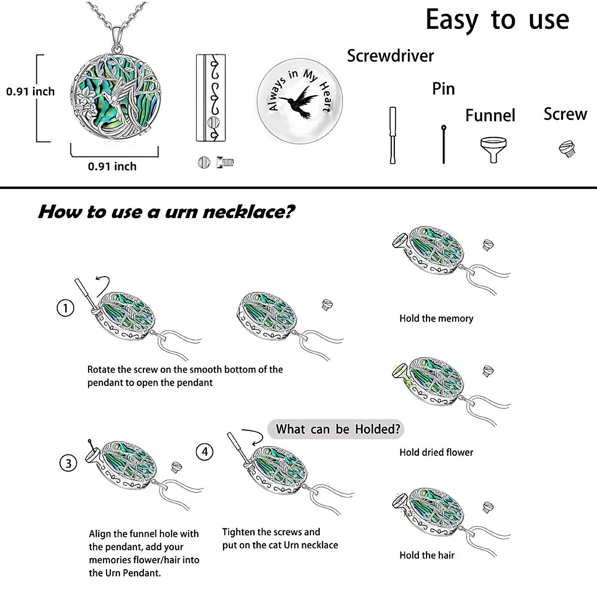 Hummingbird Necklace Hummingbird Urn Necklace for Ashes for Women Abalone Tree of Life Cremation Pendant Sterling Silver Memorial Keepsake Jewelry Mothers Day Gifts