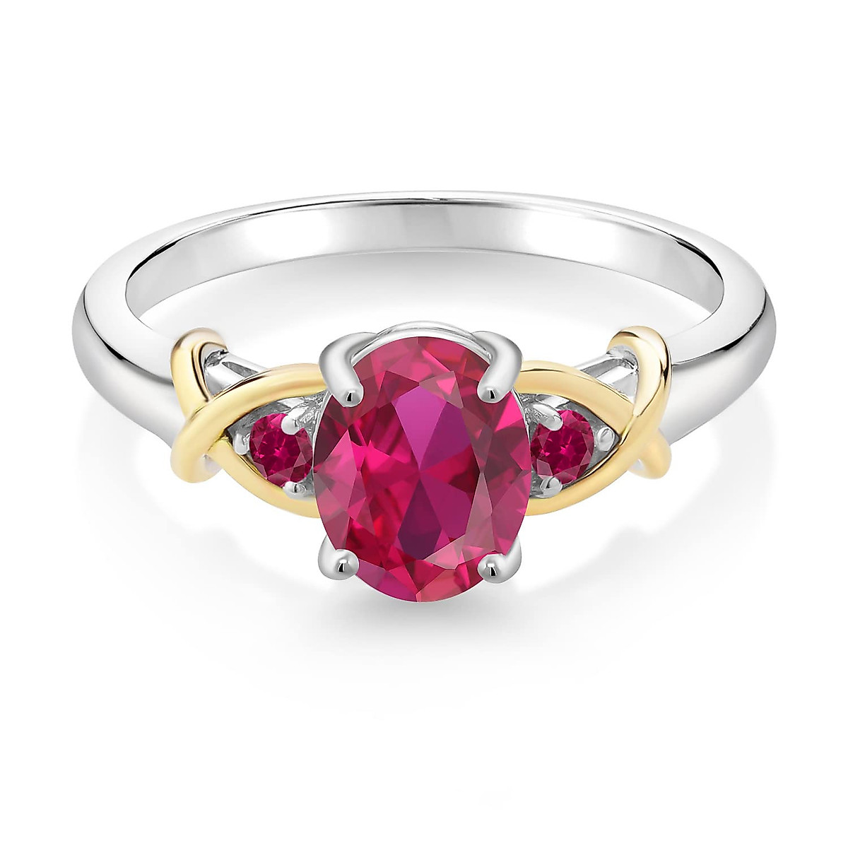 Gem Stone King 2 Tone 925 Sterling Silver and 10K Yellow Gold Oval Red Created Ruby Ring For Women (1.45 Cttw, Available In Size 5, 6, 7, 8, 9)