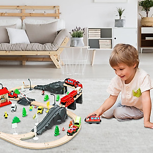Battery Operated Train Set for Wooden Train Track (w/sound & Magnetic Connection), Powerful Engine Action Locomotive Train Set Fits Brio, Thomas, Chuggington Wooden Tracks, Train Toys for Toddlers 3Y+