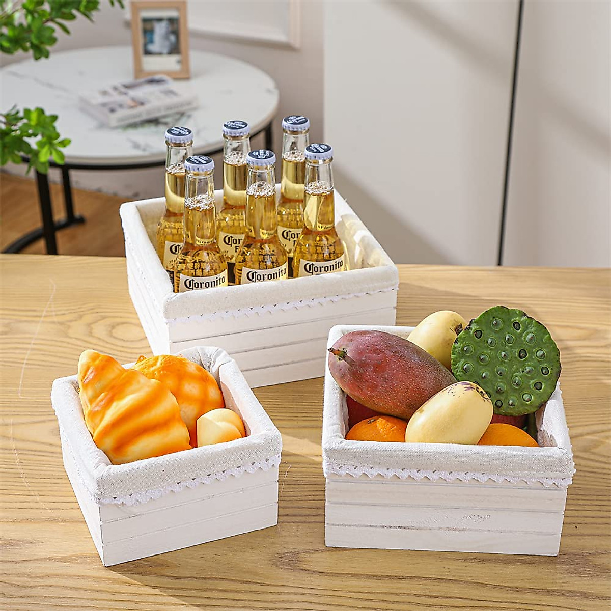 Quan Shuo Antique Square Nesting Box, Decorative Farmhouse Wooden Storage Box 3-Piece Set, White