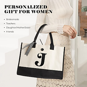 YOOFAN Initial Canvas Tote Bag - Personalized Monogrammed Gift Tote Bag for Wedding, Birthday, Beach, Holiday - Gift for Women, Mom, Teachers, Friends, Bridesmaids (J)