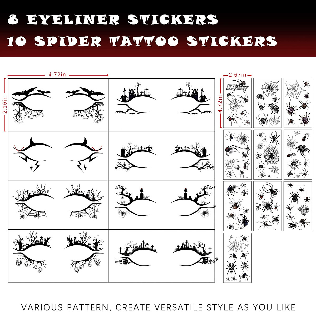 8 Pairs Halloween Temporary Eye Tattoo Stickers&10 Sheets Spider Web Stickers 3D Eyeshadow Eyeliner Sticker Waterproof Face Eye Art Decor Sticker Masquerade Cosplay Party Decals Prank Props Women Girl