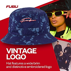 FUBU Bucket Hat, Tie Dye Cotton Twill Packable Travel Cap with Vintage Logo, Navy, One Size