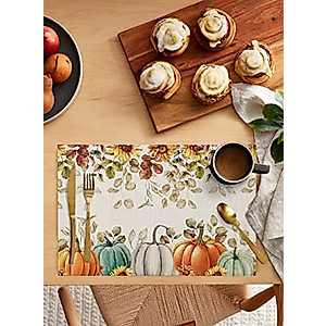 Fall Pumpkin Placemats Set of 6, Thanksgiving Maple Leaf Eucalyptus Indoor Outdoor Dining Table Place Mats, Autumn Sunflower Botanical Blue Grey Pumpkins Woven Table Mats for Kitchen/Party 13"x19"