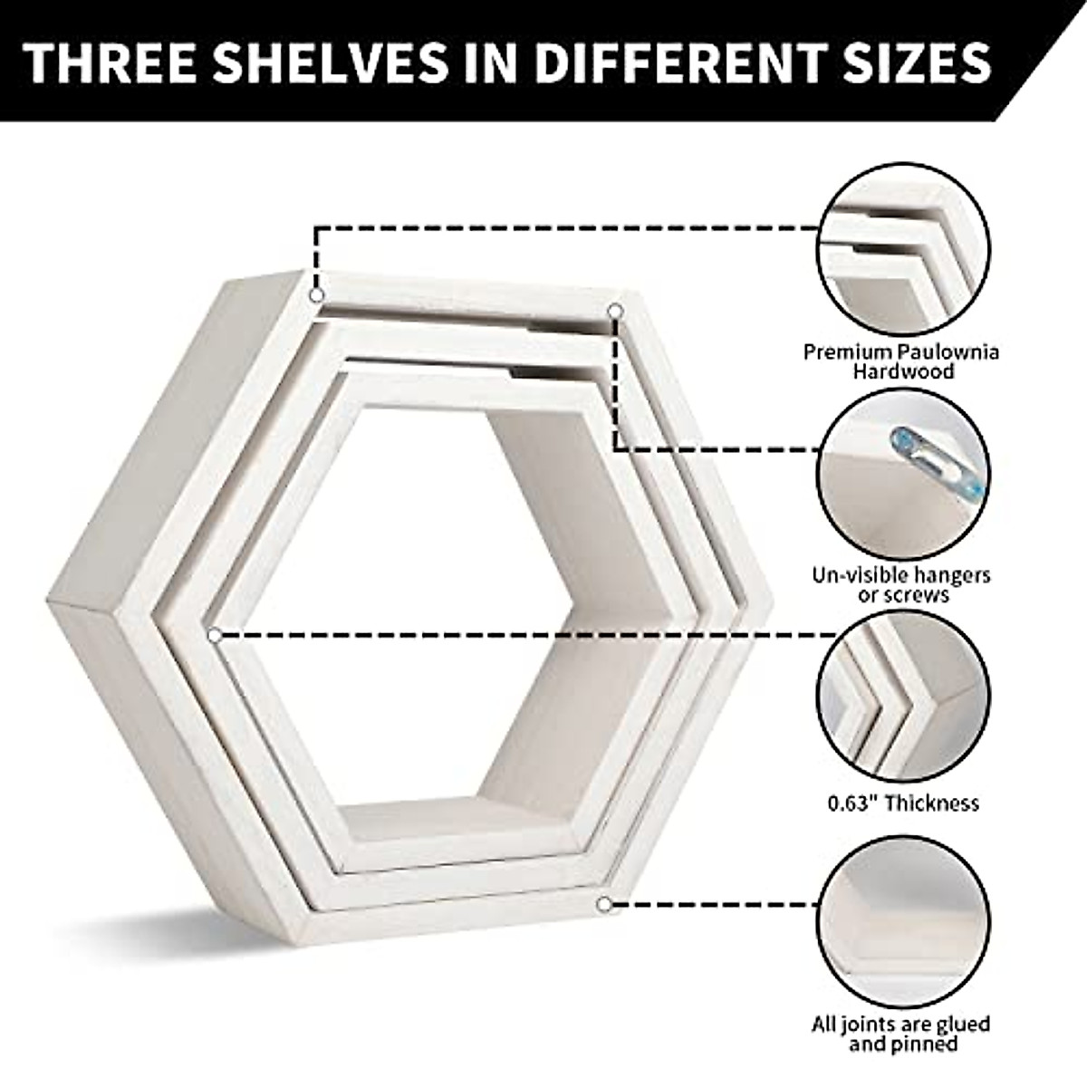 White Hexagon Floating Wall Shelves, Set of 3 Wall Mounted Honeycomb Shelves, Floating Wall Hanging Shelf, Wooden Bedroom Bathroom Shelves Farmhouse Decor for Living Room, Bedroom, Kitchen, Office