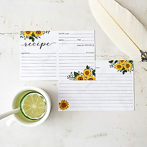 Sunflower Recipe Cards Floral Recipe Card Double-Sided Kitchen Recipe Cards Note Cards for Wedding, Bridal Shower (50)