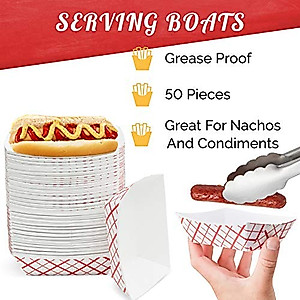 The Candery All-in-One Hot Dog Accessories Set- Ketchup & Mustard Squeeze Bottles - BBQ Tongs - 50 Red/White Hot Dog Trays for Carnivals, BBQs, Picnics, Concession Stands (Tongs,Trays Squeeze Bottles)