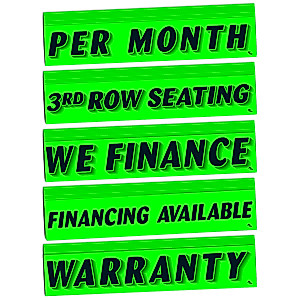 Versa Tags Windshield Slogan Stickers 12 Pack Each of PER Month, 3RD Row Seating, WE Finance, FINANCING Available, Warranty (60) Window Stickers Total Dealership Stickers Black On Green