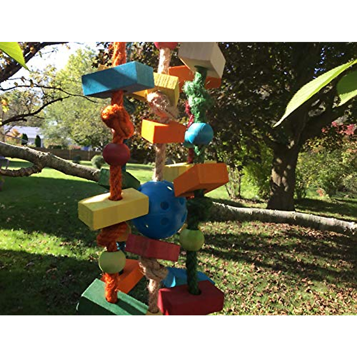 Bird Chew Toy SKWAKOCO. The Size 18" Multicolored Natural Wooden Blocks, Beads and Natural 100% Hemp Rope. Toy is Suggested for Large and Medium Parrot