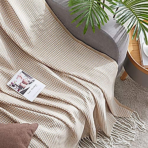 MOLLY ROCKY 100% Acrylic Waffle Throw Blanket for Home Decoration Ultra Soft Lightweight Breathable Blanket for All Season Couch Sofa Bed, 50 x 60 Inches Beige
