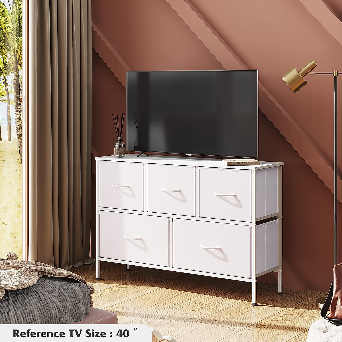 WLIVE Dresser with 5 Drawers, Dressers for Bedroom, Fabric Storage Tower, Hallway, Entryway, Closets, Sturdy Steel Frame, Wood Top, Easy Pull Handle (White)