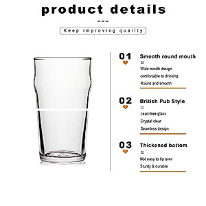 Pint Glasses,20oz British Beer Glass,Classics Craft Beer Glasses,Premium Beer Glasses Tumbler Set of 4, Pub Beer Glasses,Unique Design Beer Glasses Easy Stacking in The Cupboard