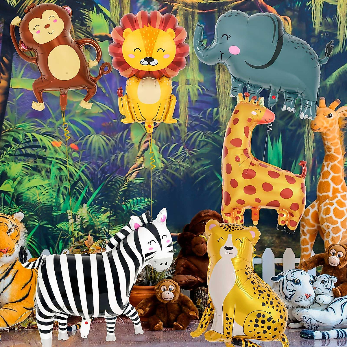 6 Pcs Safari Balloons,Jungle Safari Animals Foil Balloons,Giant Zoo Animal Balloons Zebra Elephant Monkey Lion Giraffe Leopard Shaped Animal Balloons for Zoo Wildlife Theme Birthday Party Decorations