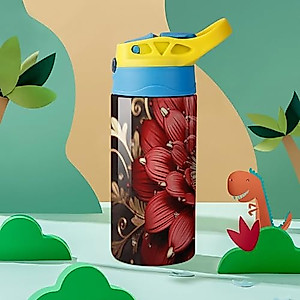 Stainless Steel Water Bottles Red Gold Flower Travel Water Cups with Handle And Silicone Straw Drinking Cup with Leak Proof Lid Thermo Travel Mug for Women Men