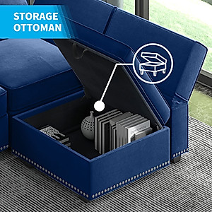 Horgaeo Reversible Sleeper Sectional Sofa, Modular U Shaped Couch with Storage Ottoman, Angle-Adjustable Armrest Velvet Fabric Sofa with Convertible Chaise for Living Room, Apartment, Studio (Blue)