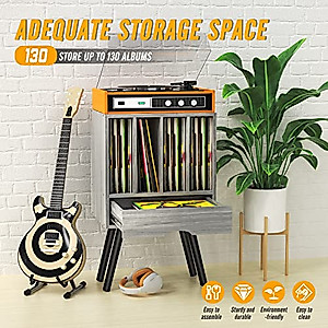 WASAIT Record Player Stand Vinyl Record Storage Table with Drawer Record Display Turntable Stand with Wood Legs 3-Tiers Vinyl Holder Cabinet for Living Room Bedroom Grey