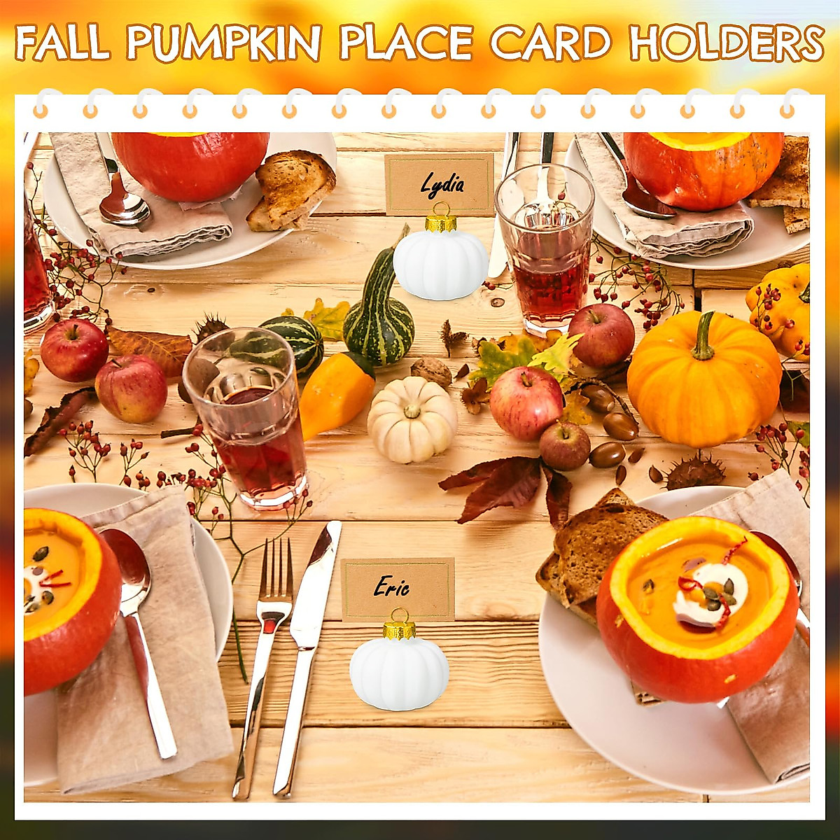 Soaoo 24 Set Thanksgiving Glass Harvest Pumpkin Place Card Holders with Thanksgiving Greeting Cards Fall Pumpkin Decor Table Name Holders Table Sign Card Holder for Thanksgiving Wedding Party (White)