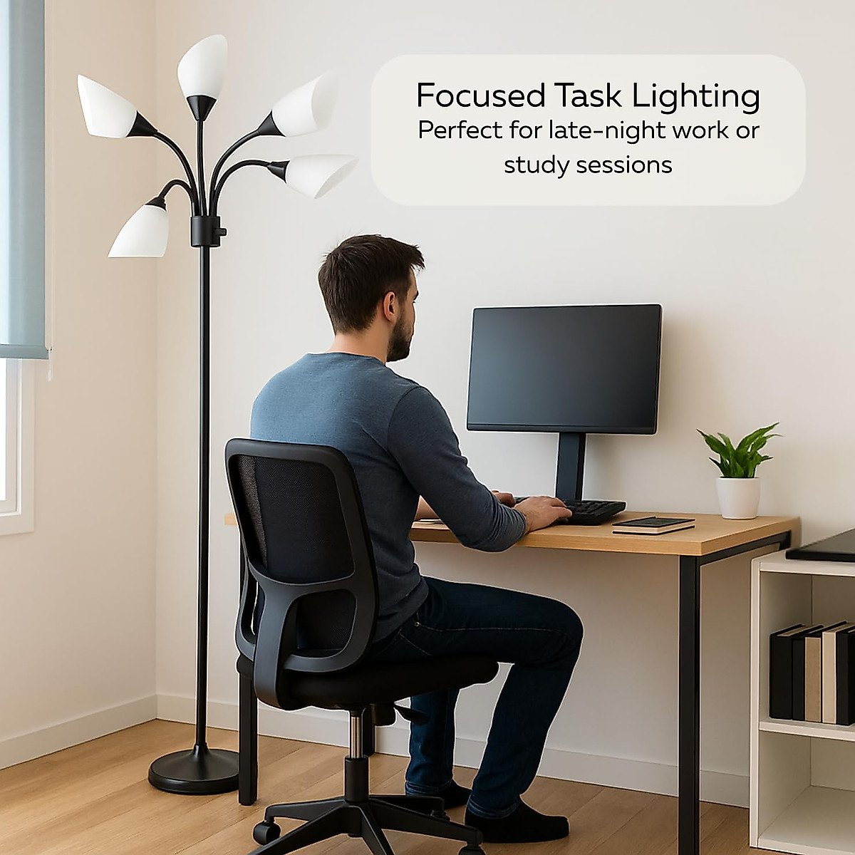 LIGHTACCENTS Modern Multi Head Floor Lamp - Medusa 5 Light Standing Lamp Tall Bedroom Lamp with 5 Positionable Bright Acrylic White Shades with 3-Light Mode Switch(Silver)