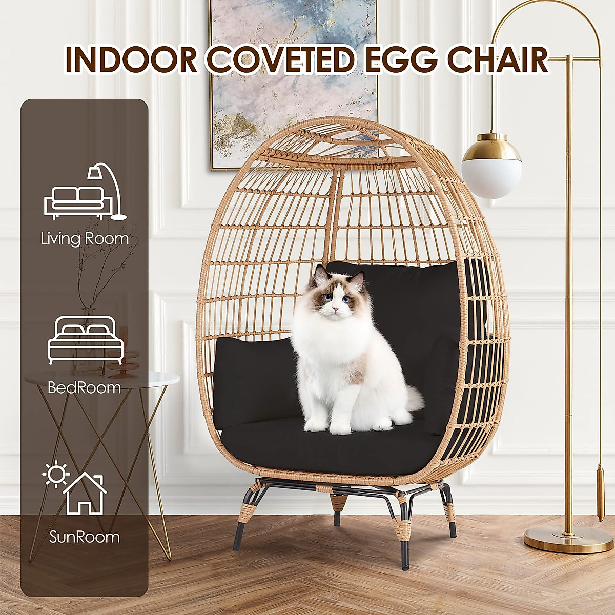 OTSUN Oversized Wicker Egg Chair: Outdoor Indoor Lounger with 4 Cushions, 440lb Capacity, Egg Basket Chair for Living Room, Backyard, Balcony, Patio, Black