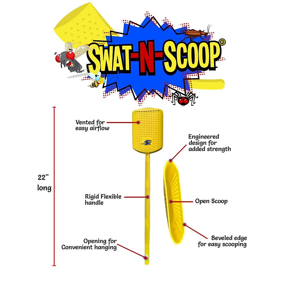 Swat-N-Scoop Heavy Duty Fly Swatter and Spider Catcher and Release (Pack of 3). Insect Fly Catchers for Inside Home. House Fly Killer or Humane Bug Catcher with Built in Insect Scoop.