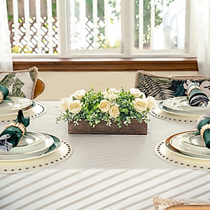Dahey Centerpiece Table Decorations for Dining Room Farmhouse Living Room Table Centerpieces Decor Wood Tray with 3 Artificial Flowers and 2 Eucalyptus for Kitchen Table, 14.1" x 4.7" x 3.1"