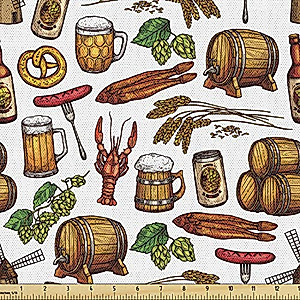 Ambesonne Oktoberfest Fabric by The Yard, Beer Making Elements Hops Wheat Pretzels Lobster Festival Menu Country Theme, Decorative Fabric for Upholstery and Home Accents, 1 Yard, Brown