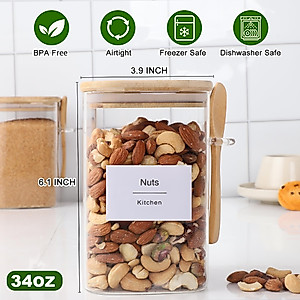 Flour and Sugar Containers - 34 oz Glass Jar with Bamboo Lid and Spoon, Sugar Holder and Canister for Countertop, Glass Containers for Coffee Beans, Tea, Flour, Nuts, Candy and Cookie (Set of 2)