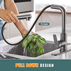 Kitchen Faucets, Brushed Grey Kitchen Faucet with Pull Down Sprayer and Deck Plate, Stainless Steel Commercial Utility Kitchen Faucets for Sink 3 Hole for Bar Rv Camper Laundry Outdoor Farmhouse Sink