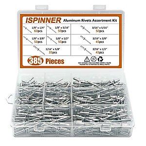 ISPINNER 385pcs 8 Sizes Aluminum Blind Rivets, Pop Rivets Assortment Kit (Silver)