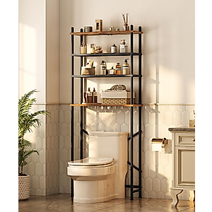 HOOBRO Over The Toilet Storage, 4-Tier Over Toilet Bathroom Organizer, Freestanding Above Toilet Shelf with Adjustable Feet, Space Saving, Easy to Assemble, Rustic Brown and Black BF64TS01