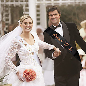 4 Pieces Groom and Bride to Be Sash Tinplate Badge Brooch Set Bride to Be and Groom to Be Sash and Badge Pin Kit Engagement Sash for Couple Bachelorette Party Accessories Bridal Shower Wedding Applies