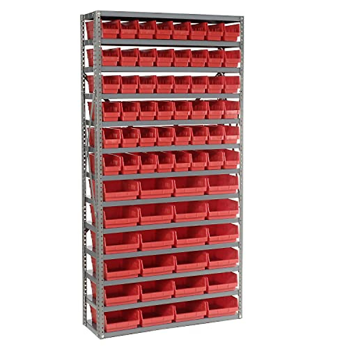 Global Industrial 13 Shelf Steel Shelving with (72) 4" H Plastic Shelf Bins, Red, 36x12x72