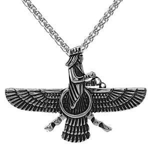 Asoodehdelan Large Farvahar Necklace Iranian Persian Art Iran Farohar Zoroastrian Faravahar Chain Necklace (Silver Plated, 18)
