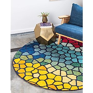 Unique Loom Estrella Collection Geometric, Abstract, Colorful, Modern, Mosaic Area Rug, Round 6' 1 x 6' 1, Multi/Blue