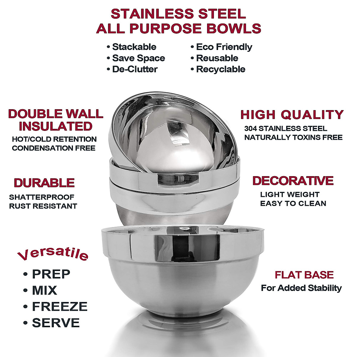 SML HOME Heat Insulated Stainless Steel Bowls, SUS 304, Double Walled Multipurpose, Cereal, Rice, Soup, Noodles, Salad, 4 Pack, LARGE (28 oz)