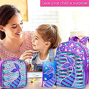 AGSDON 3PCS Kids Backpacks for Girls, 16" Little Kid Mermaid Sequin Preschool School Bookbag and Lunch Box