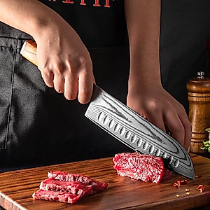 FUJUNI Damascus Santoku Knife 7 inch Damascus VG10 Steel 67-Layer -Olive Wood Handle - Razor Sharp Kitchen Knife with Exquisite Box